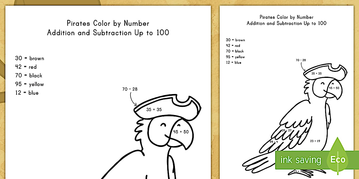 Pirates Color by Number Addition and Subtraction to 100 Worksheet