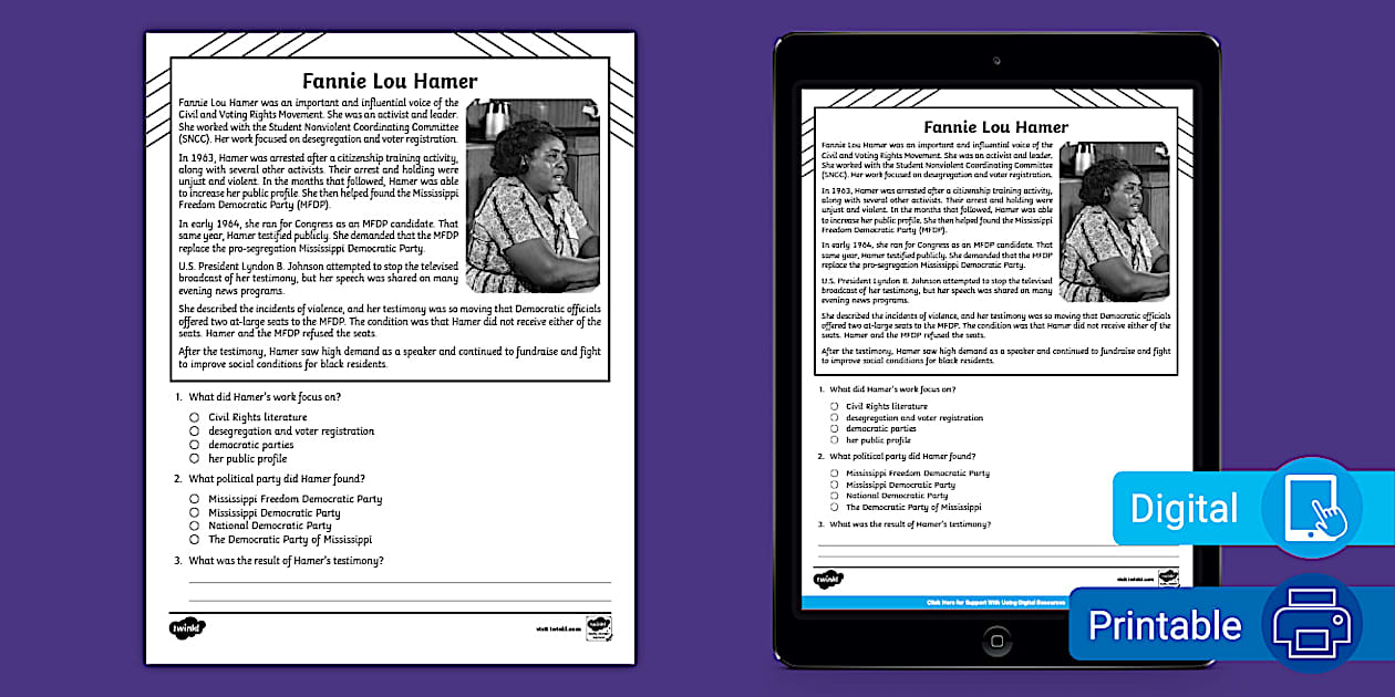 Fifth Grade Fannie Lou Hamer Reading Passage - Twinkl