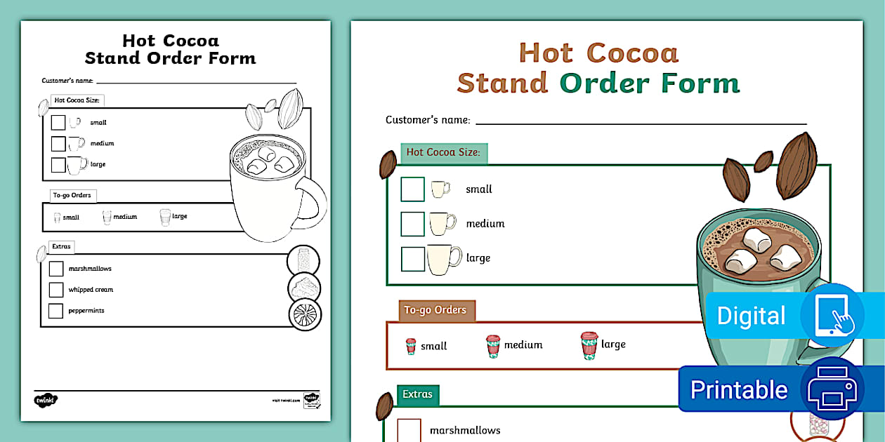 Hot Cocoa Stand Editable Order Form for 3rd-5th Grade
