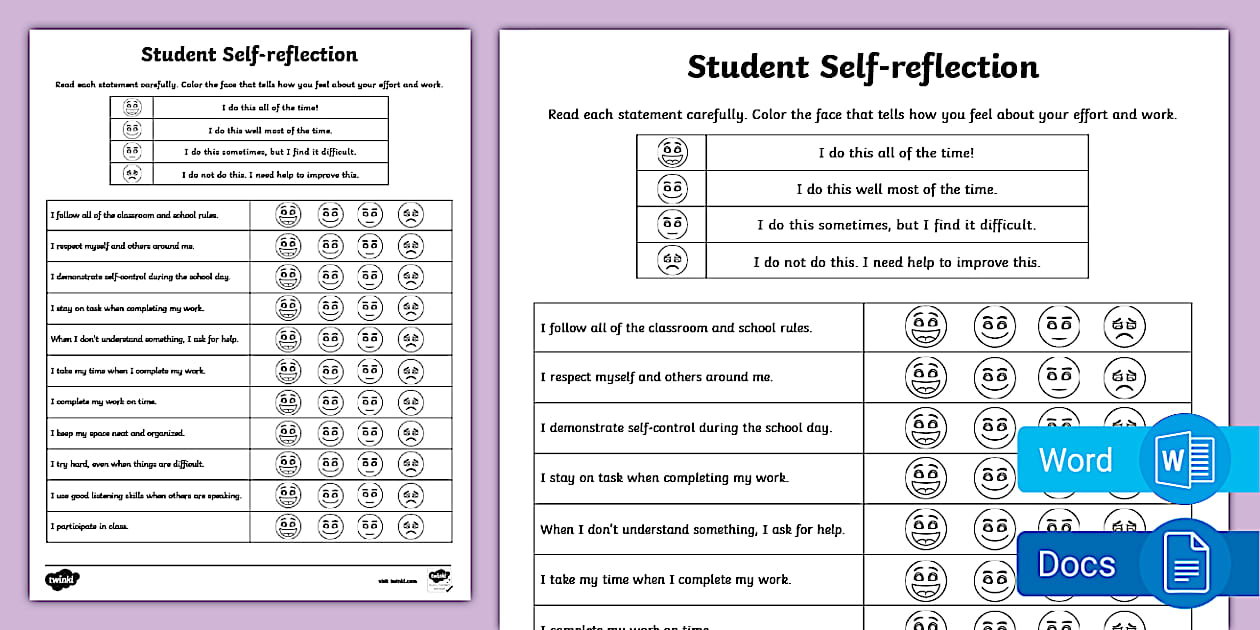 Student Self-Reflection Sheet (teacher made) - Twinkl