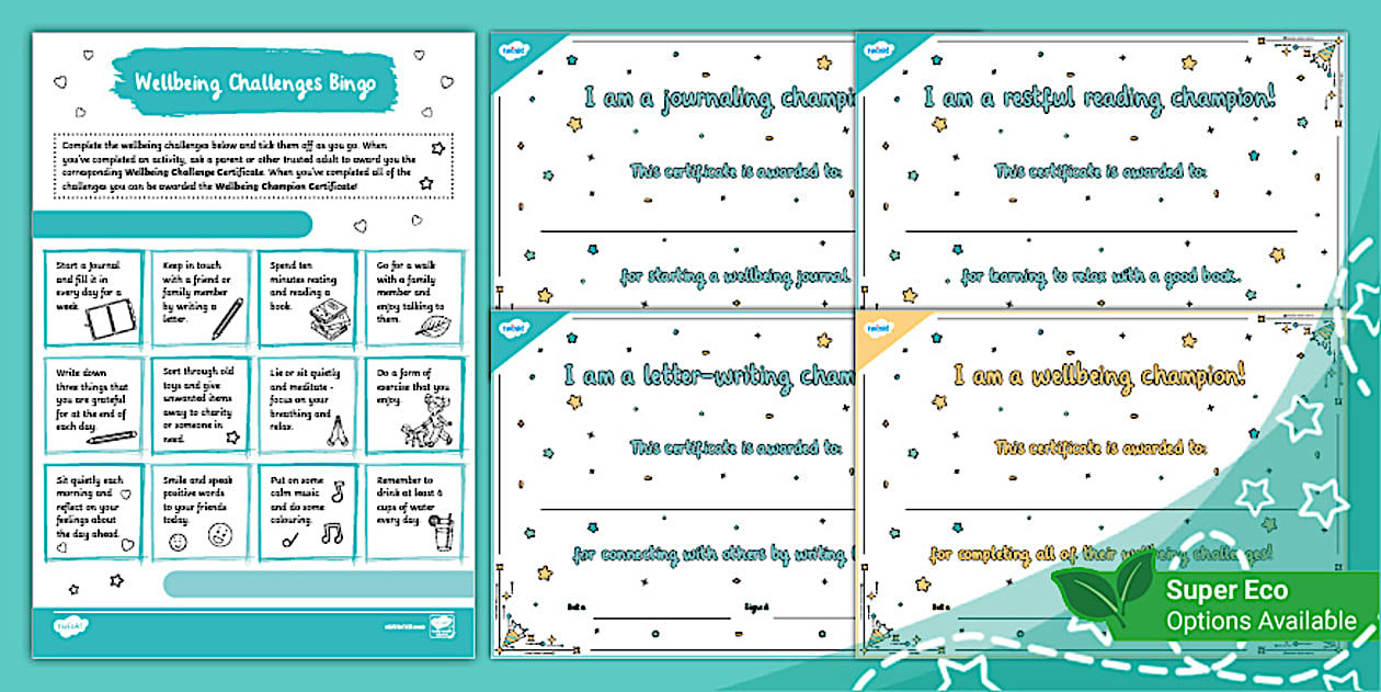 Wellbeing Challenge Certificates (teacher made) - Twinkl