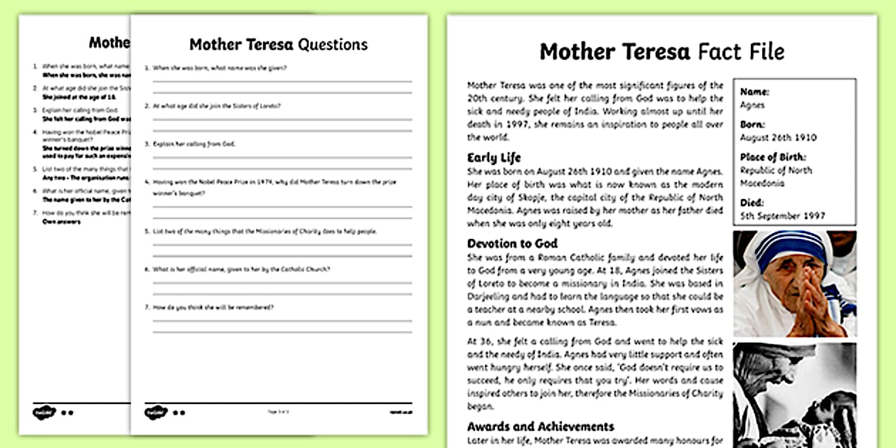 Middle Ability Mother Teresa Differentiated Reading Comprehension Activity