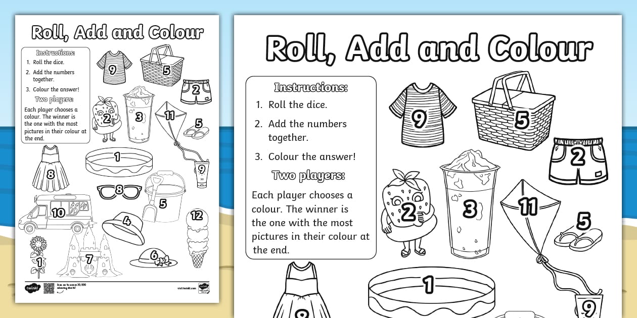 Summer-Themed Roll and Colour Worksheets (teacher made)