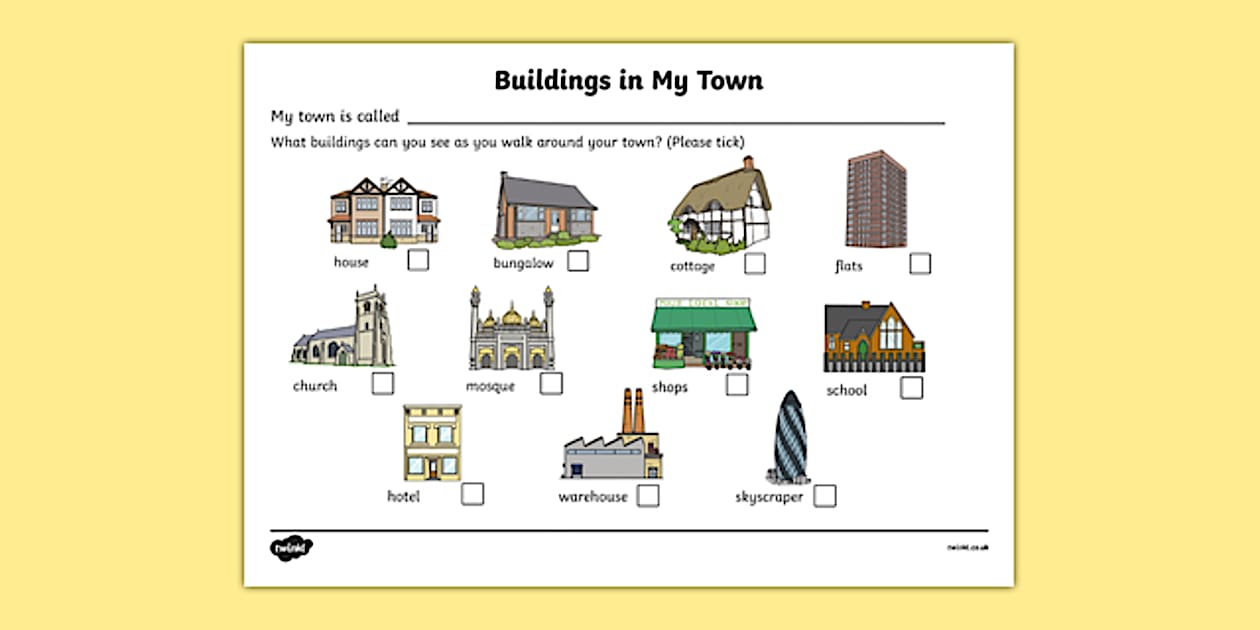 In My Town | ESL Buildings and Places Worksheet - Twinkl