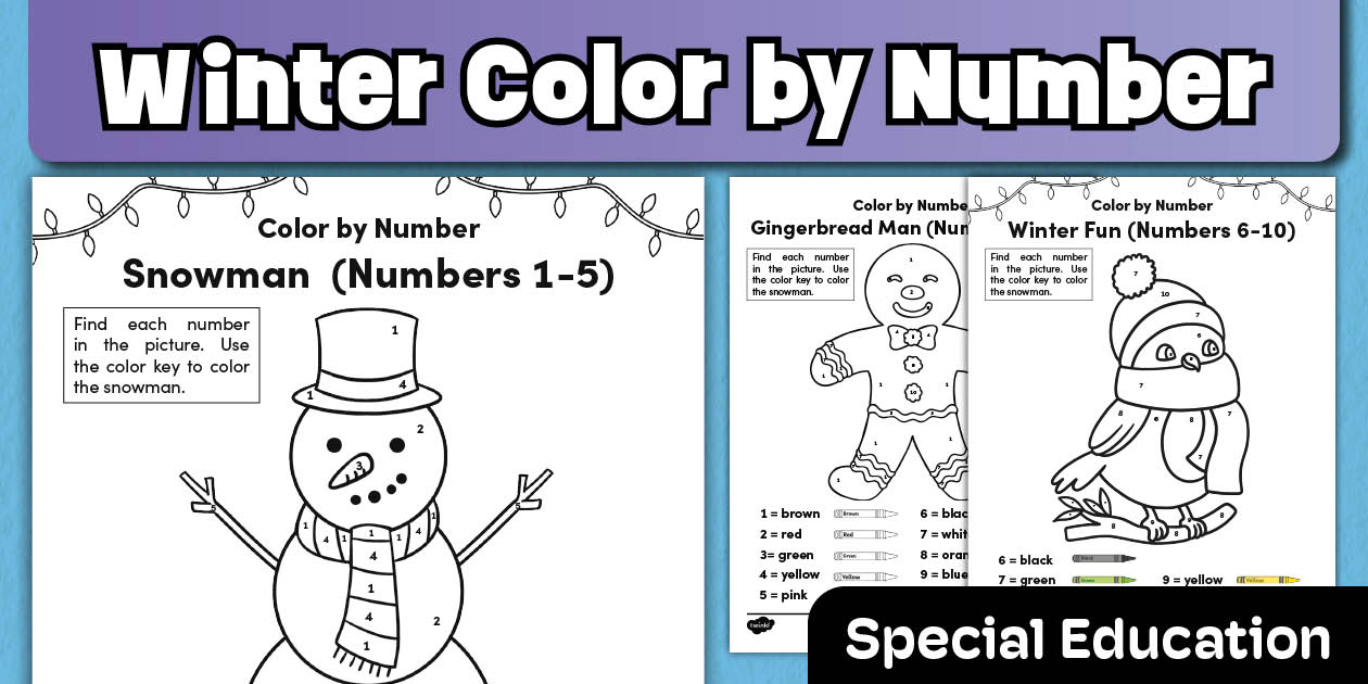 Winter Color by Number Worksheets for Special Education