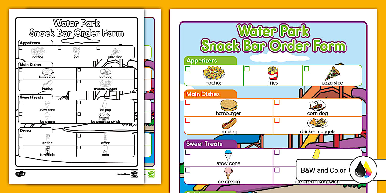 Water Park Dramatic Play Snack Bar Order Form (teacher made)