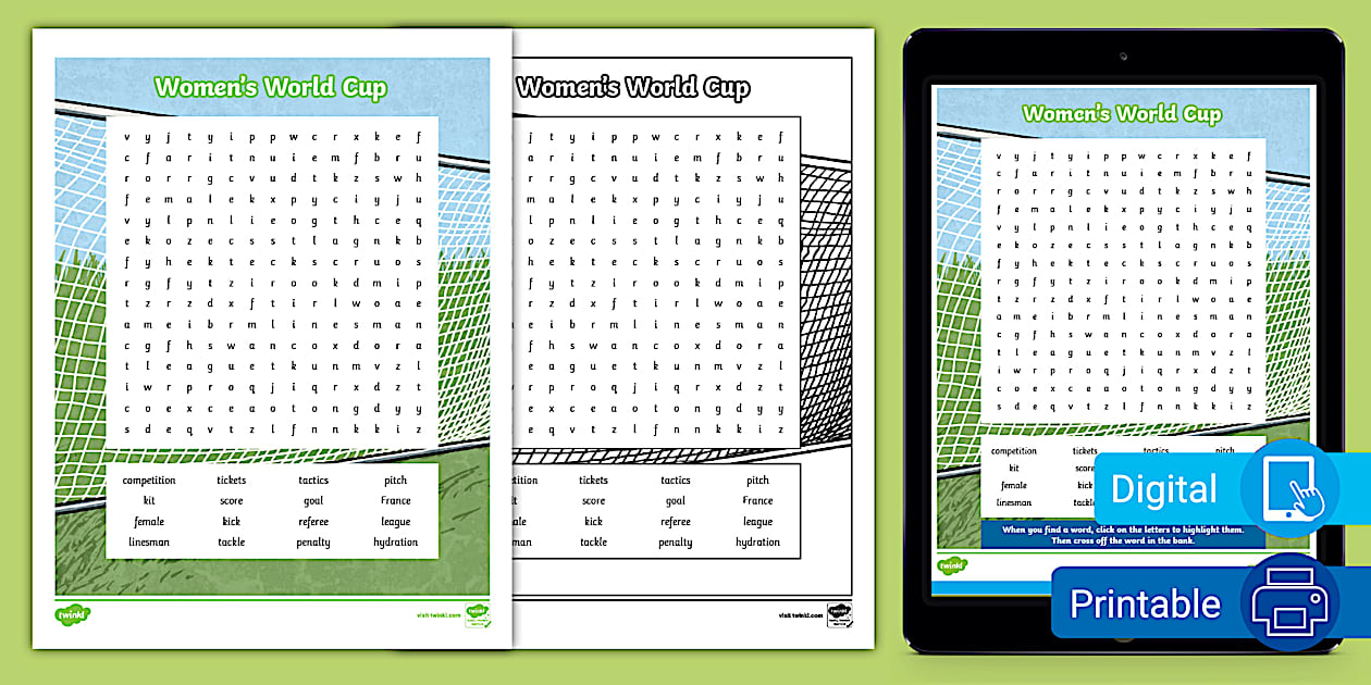 Women's World Cup Word Search for 3rd-5th Grade - Twinkl