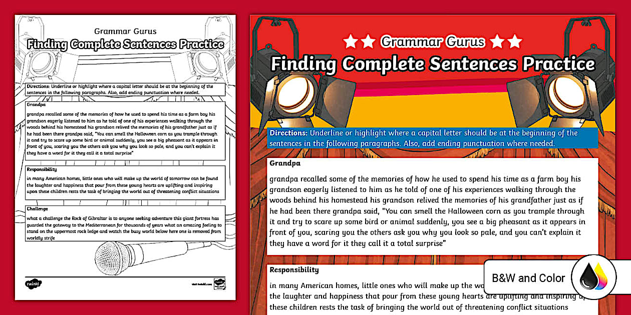 Grammar Gurus Finding Complete Sentences Practice for 6th-8th Grade