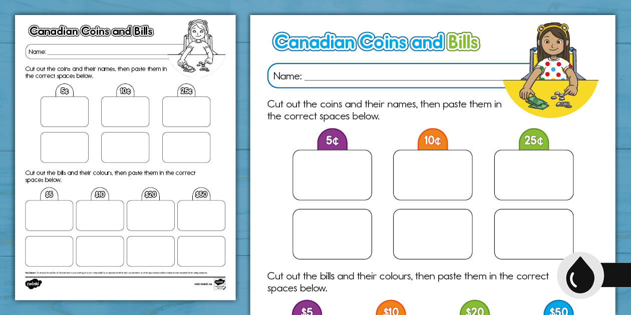 Canadian Coins and Bills Cut and Paste Activity - Twinkl