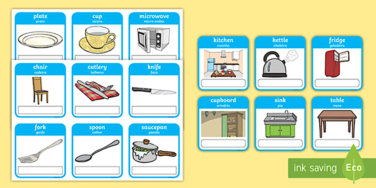 EAL Everyday Objects at Home Editable Cards with English/Portuguese