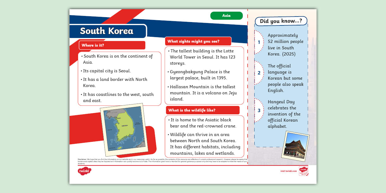 KS1 South Korea Fact File (teacher made) - Twinkl