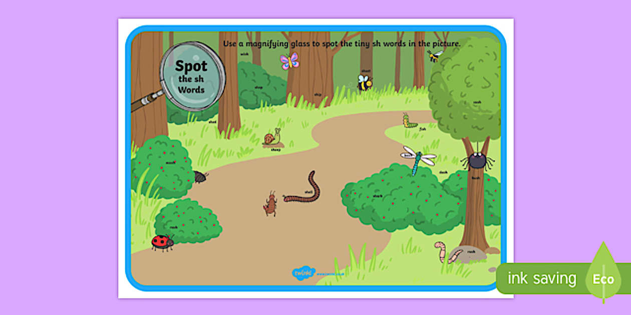 Black and White Phase 3 sh Words Minibeasts Scene Magnifying Glass ...