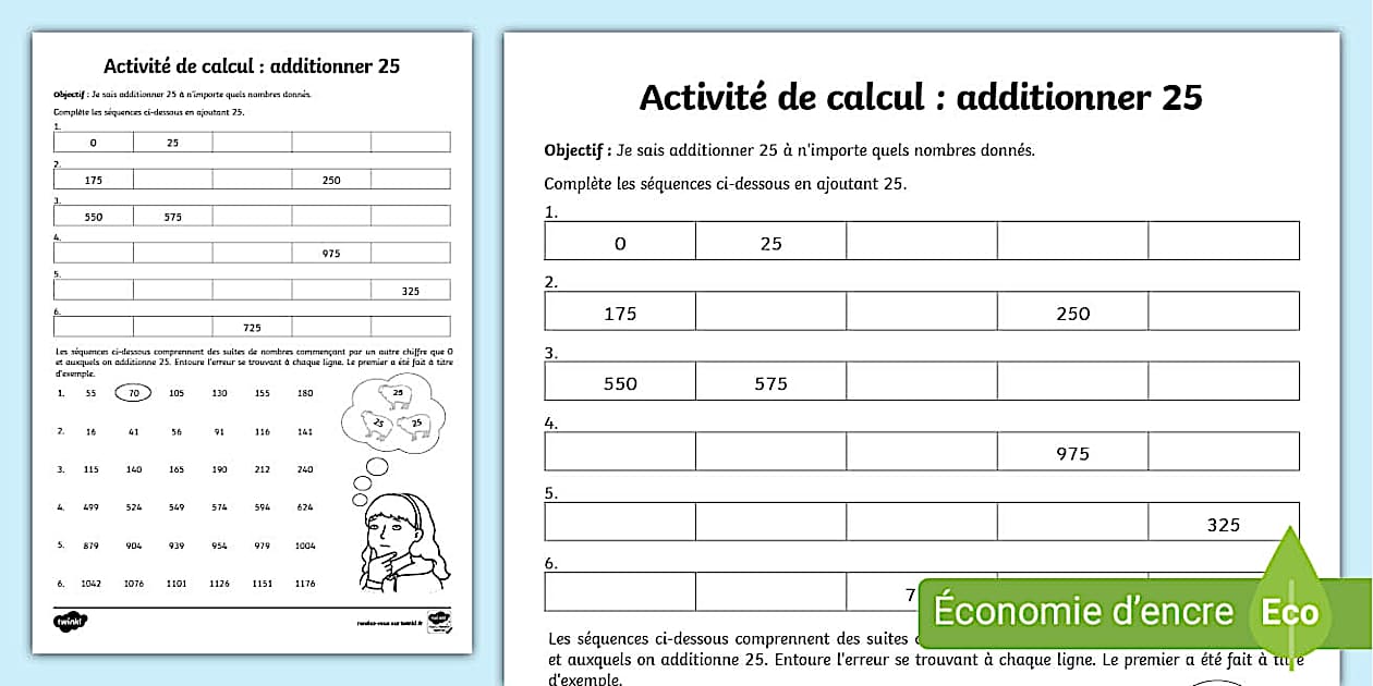 Activité de calcul en additionnant 25 (teacher made)