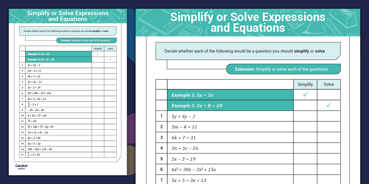 Simplify or Solve Expressions and Equations - Twinkl