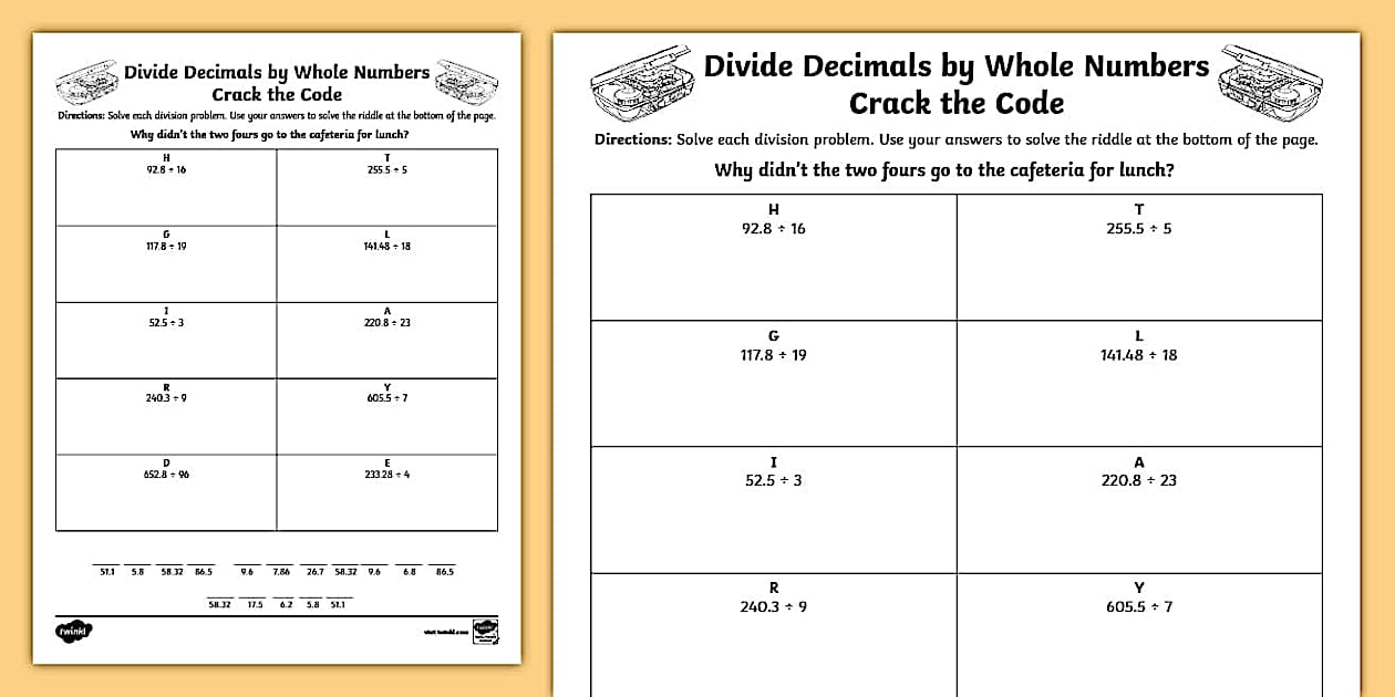 Sixth Grade Divide Decimals by Whole Numbers Crack the Code Worksheet