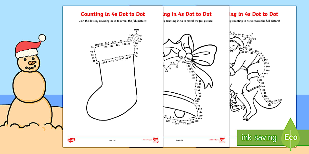 Black and White Christmas Counting in 4s Dot to Dot Colouring Pages