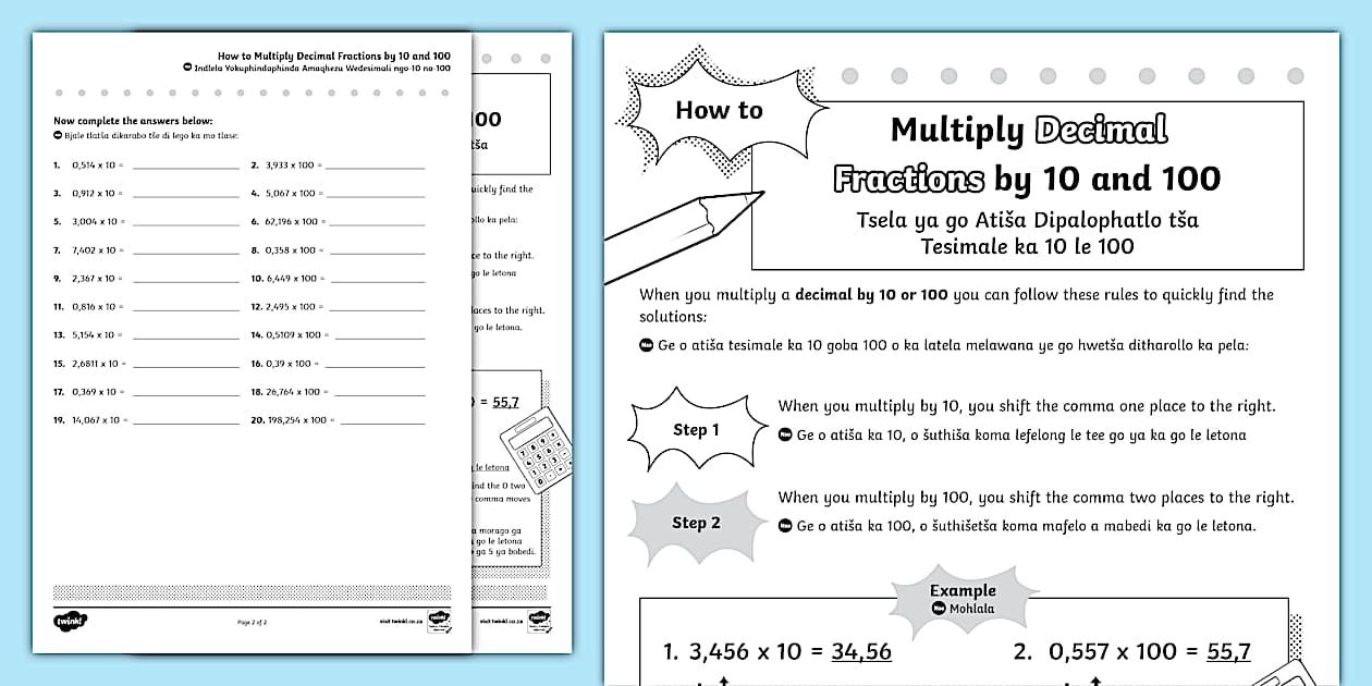How to Multiply Decimal Fractions by 10 and 100 Activity Sheet Sepedi