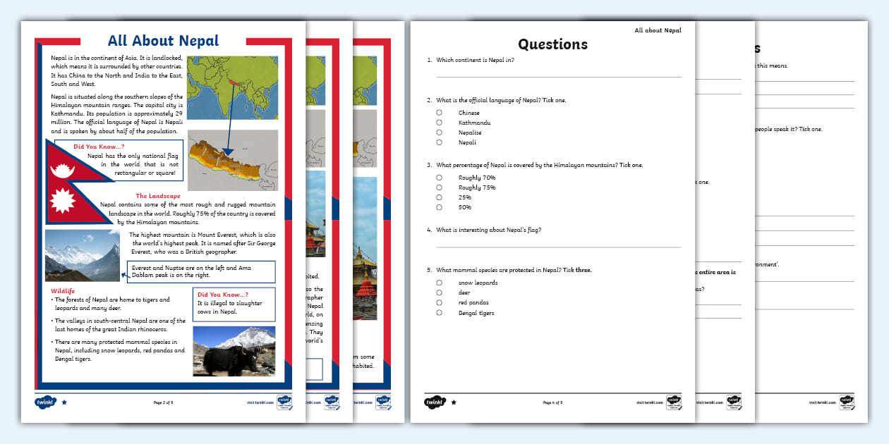 Nepal Fact File LKS2 Differentiated Reading Comprehension