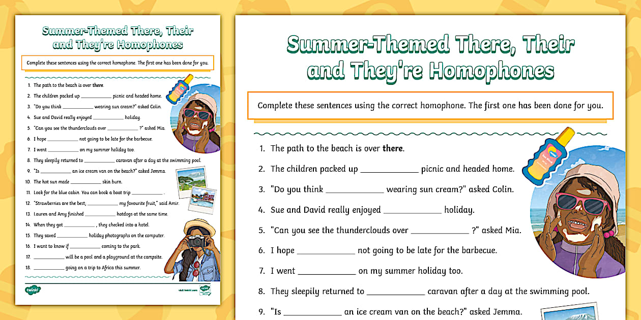 Summer-Themed There, Their and They're Homophones Worksheet