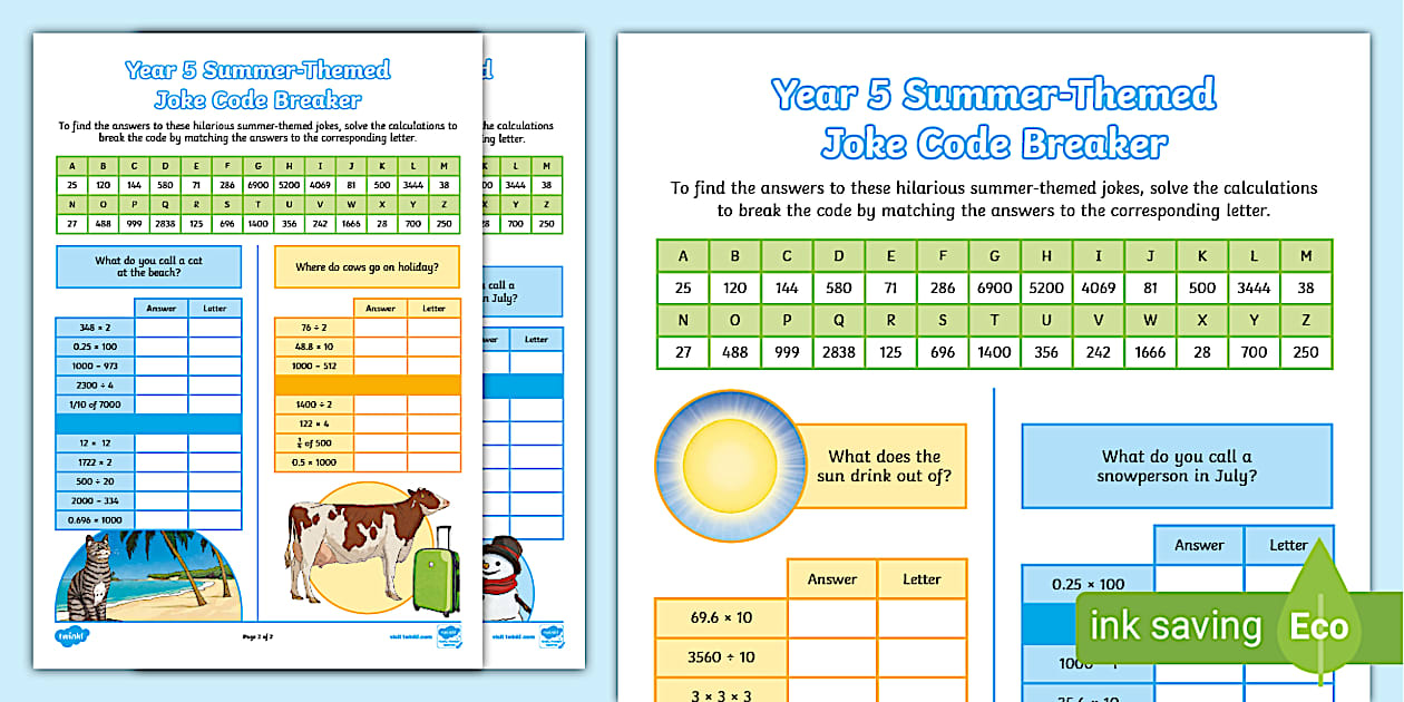 👉 Year 5 Summer-Themed Joke Code Breaker Activity