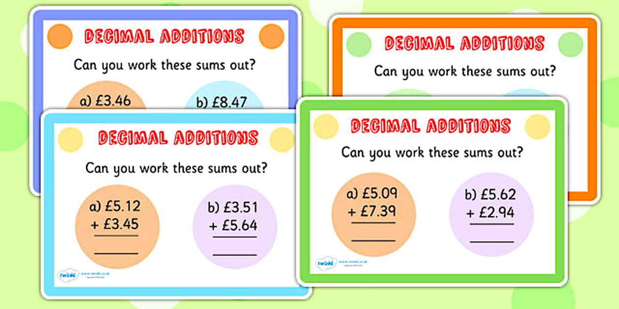 Decimals Additions Maths Challenge Cards (teacher made)