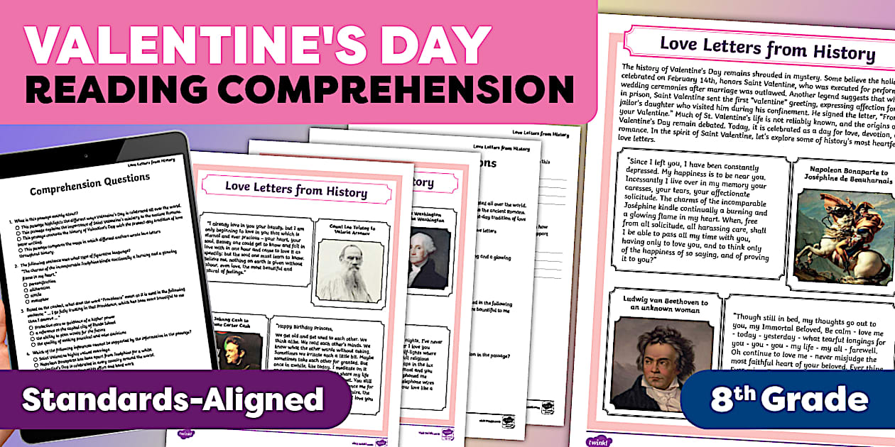 Eighth Grade Valentine's Day Reading Comprehension Worksheet