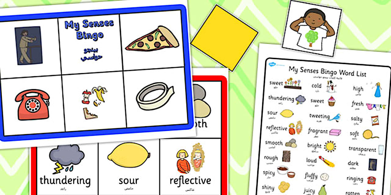 My Senses Bingo Arabic Translation (teacher made) - Twinkl