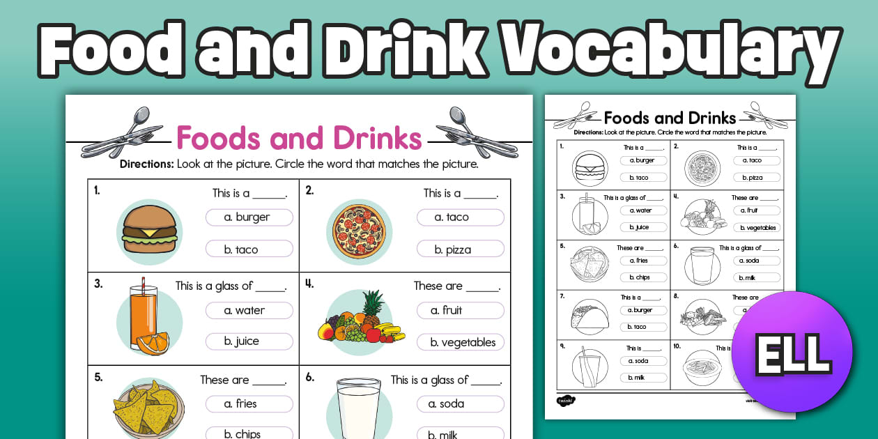 Food and Drink Vocabulary Picture and Word Worksheet for ELL