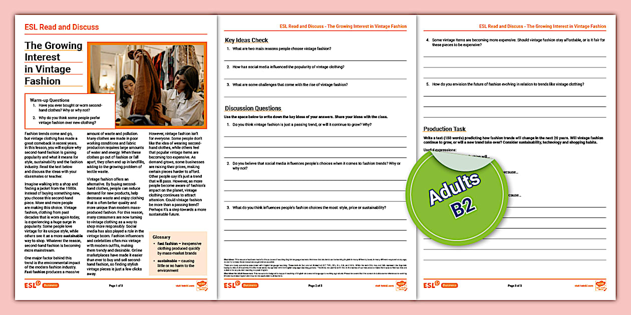 ESL Vintage Fashion Read and Discuss Activity for B2 adults