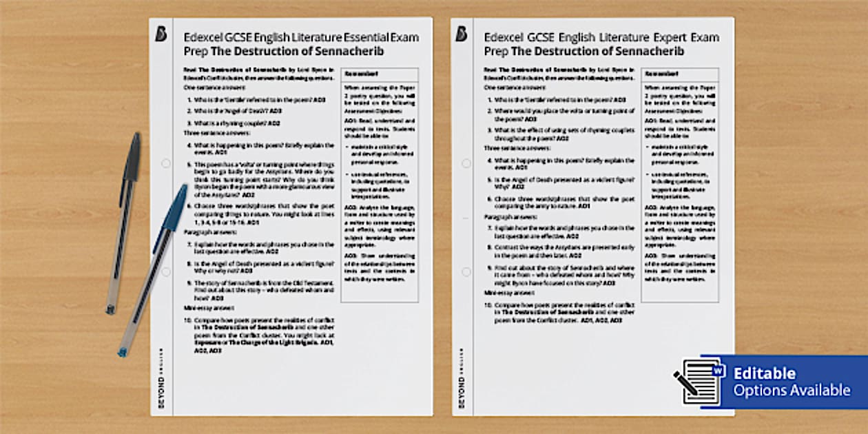 Edexcel GCSE Poetry Exam Prep - 'The Destruction of Sennacherib' Worksheets
