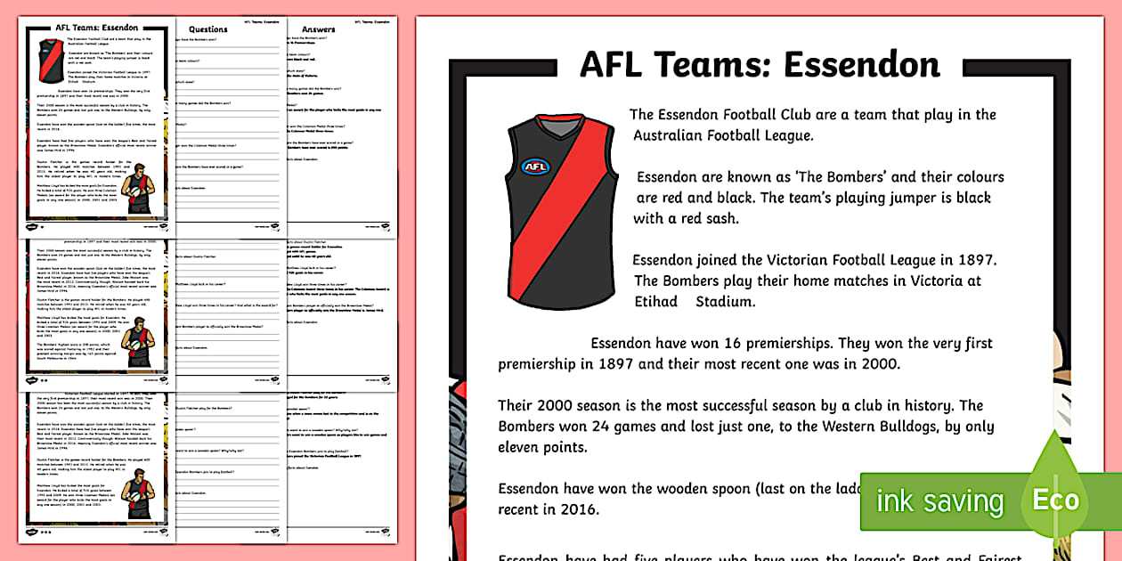 AFL Teams Essendon Bombers Differentiated Reading Comprehension Activity