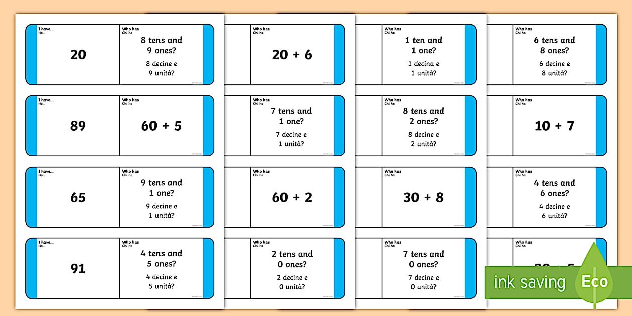 Place Value Loop Cards 2 Digits English/Italian - Place Value Loop Cards 2