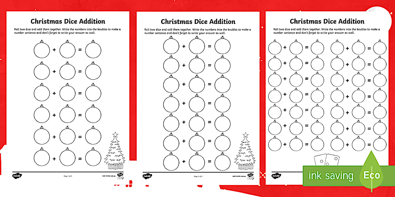 Lower Ability Differentiated Christmas Dice Addition Worksheets