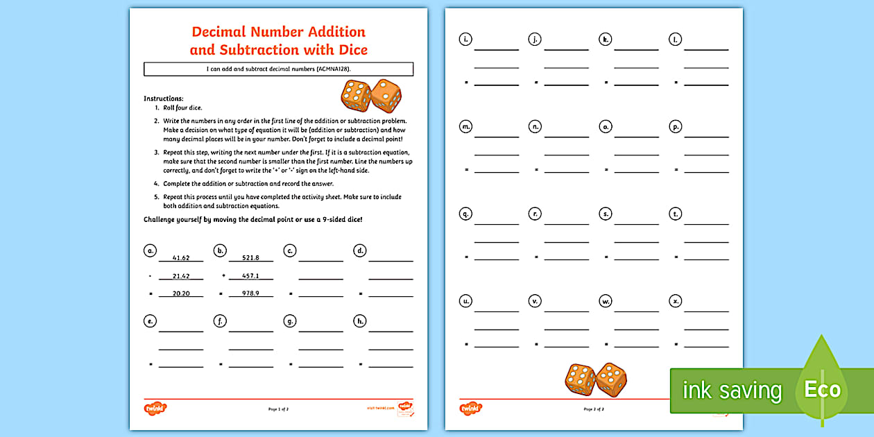 Decimal Number Addition And Subtraction With Dice Worksheet