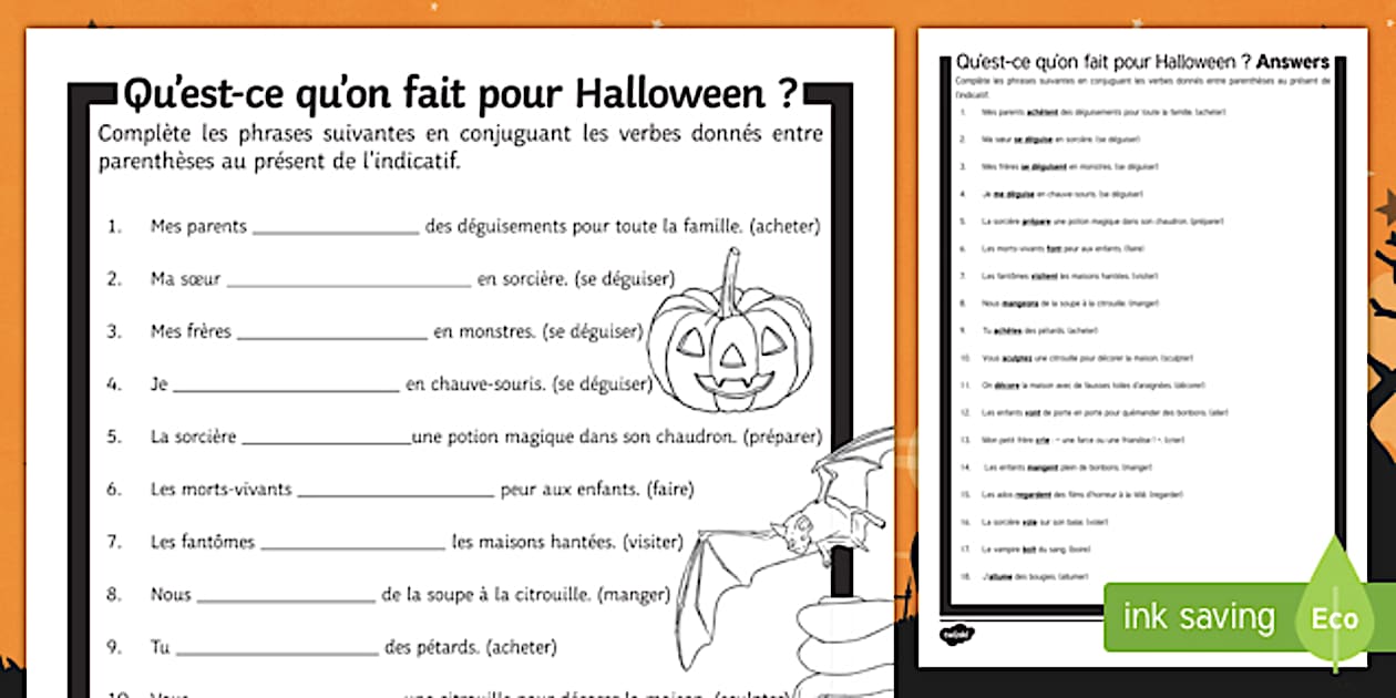 Halloween Present Tense Gap Fill Worksheet / Worksheet French