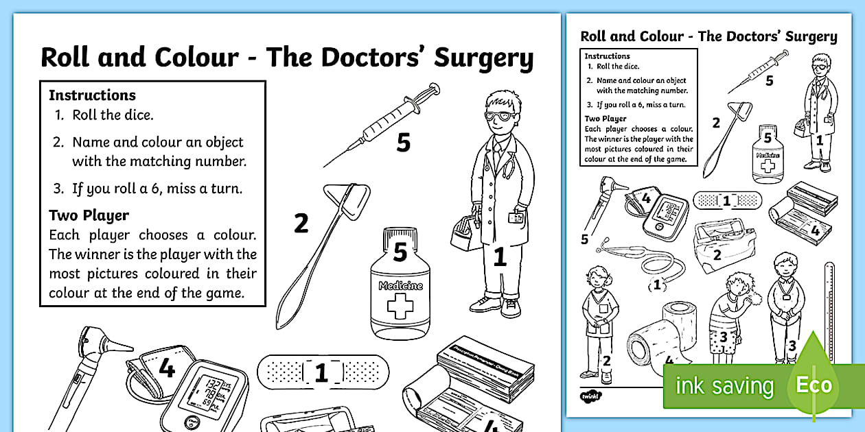 The Doctors' Surgery Roll and Colour Game Worksheet - Twinkl