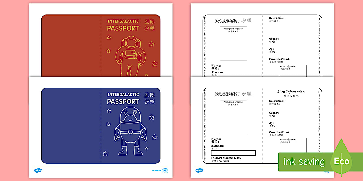 Black and White Space Passport Writing Template English/Mandarin Chinese