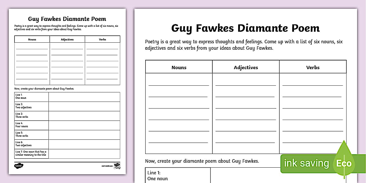 Guy Fawkes Diamante Poem Writing Activity, Gunpowder Plot