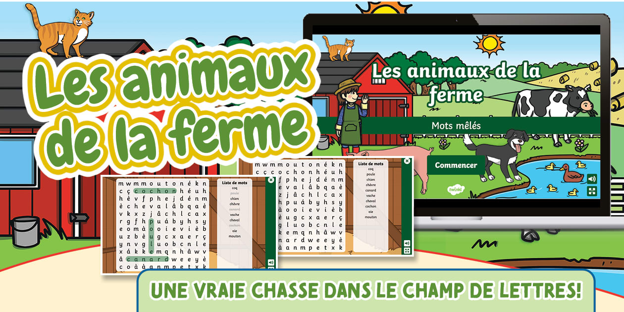Mots mêlés interactif : les animaux de la ferme