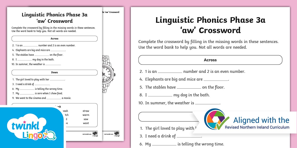 Linguistic Phonics Phase 3a 'aw' Crossword (teacher made)