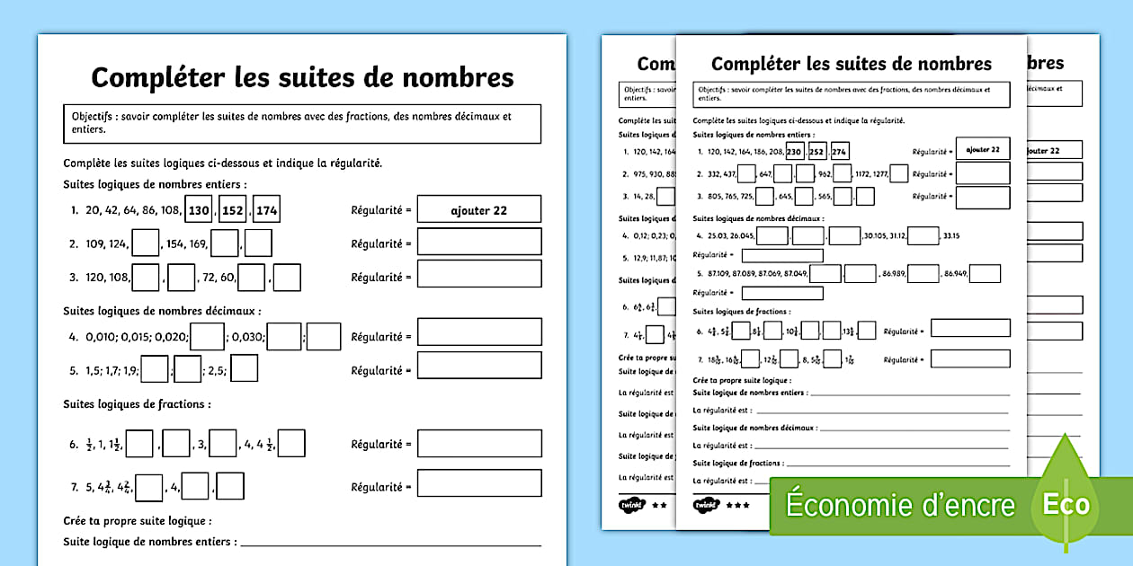 Fiches d'activités différenciées : suites logiques de nombres