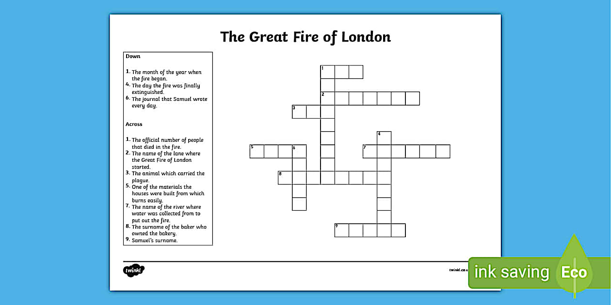 Editable The Great Fire of London Crossword (teacher made)