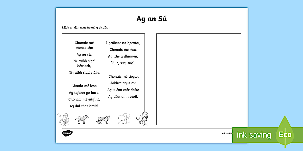 Poem: At the Zoo (Ag an sú) Read and Draw Worksheet Gaeilge - ROI - Irish