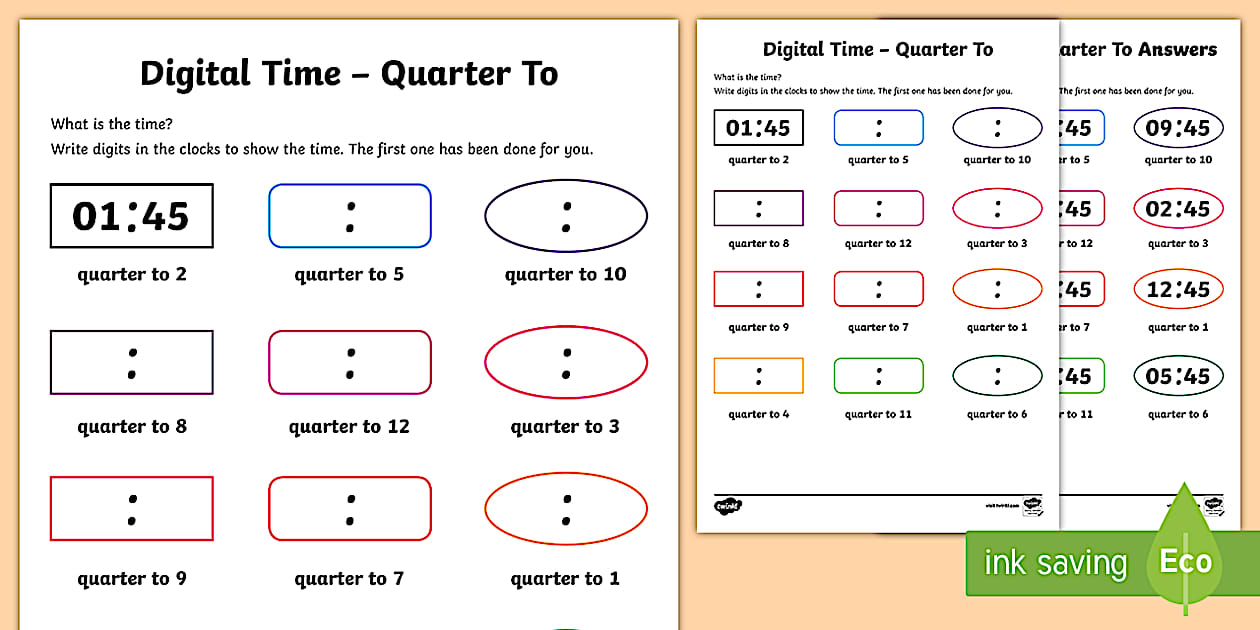 Black and White Digital Time Quarter To Worksheet - Twinkl