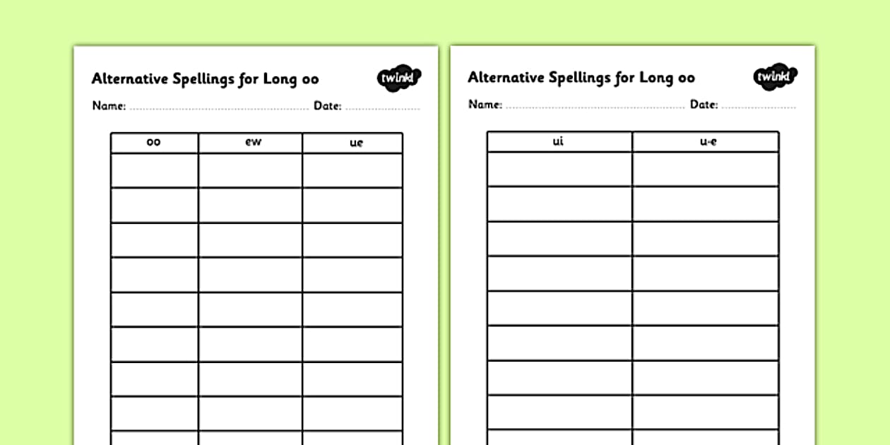 Alternative Spellings for Long oo Table Worksheets - Twinkl