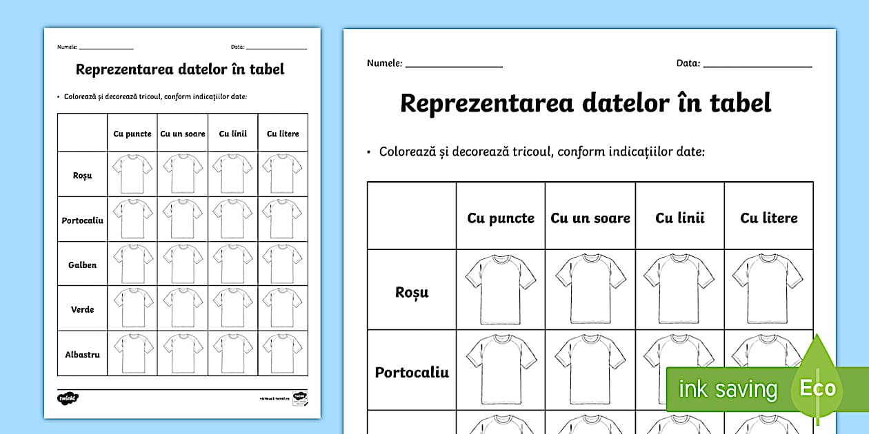 Decorăm tricouri - Reprezentarea datelor în tabel - Twinkl