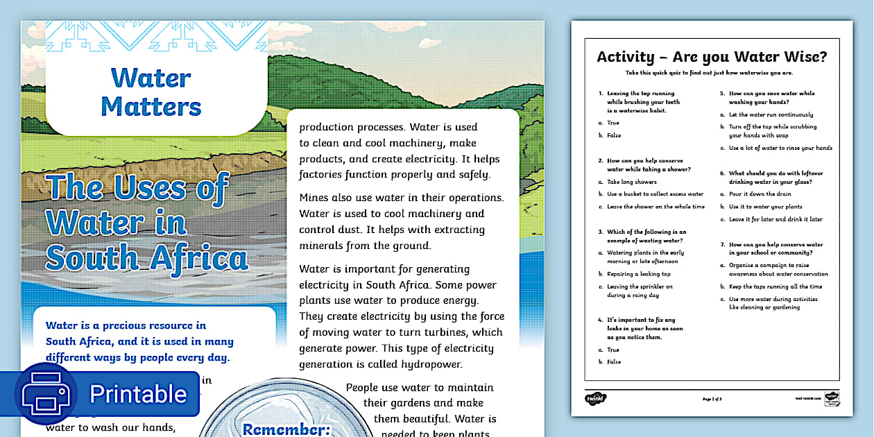 Water Matters: The Uses of Water in South Africa - Twinkl