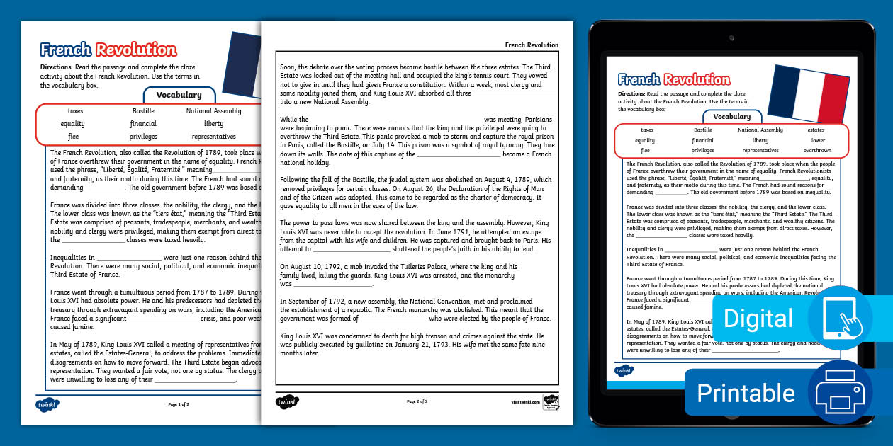 Sixth Grade French Revolution Cloze Reading Activity
