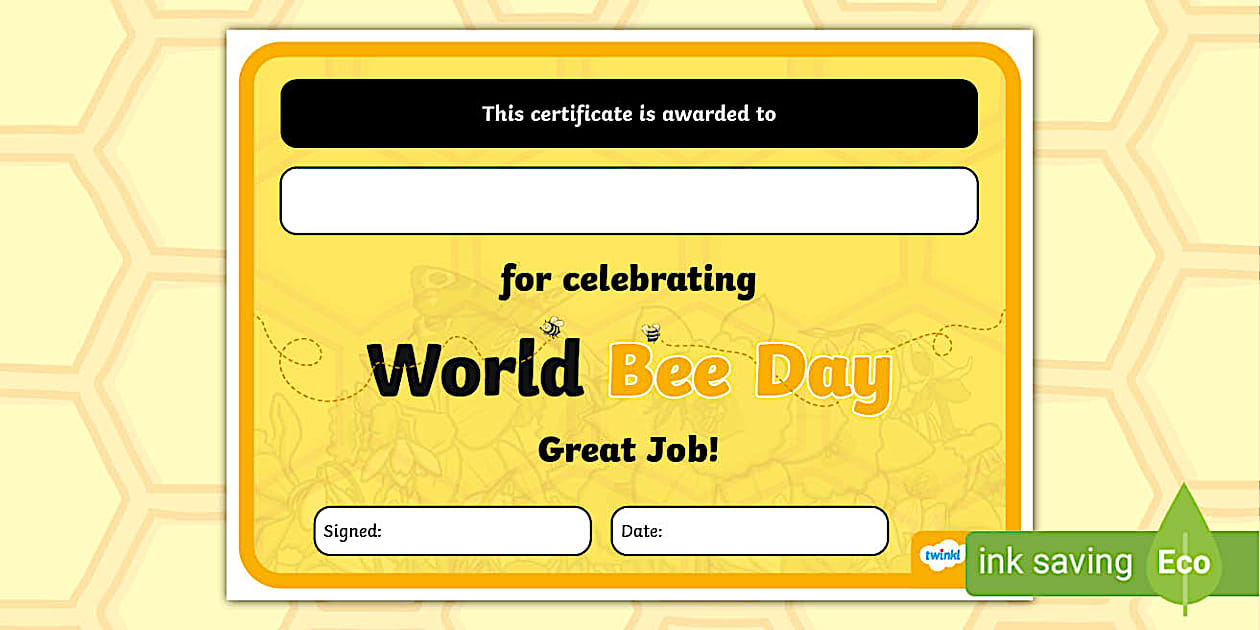 World Bee Day Certificate (teacher made) - Twinkl