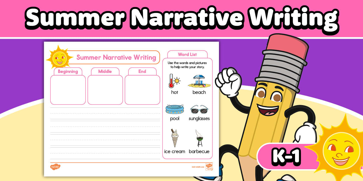 Summer Narrative Writing Practice Worksheet for K-1st Grade